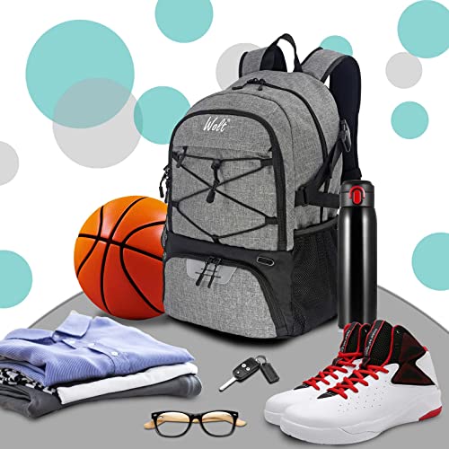 WOLT | Basketball Backpack Large Sports Bag with Separate Ball holder & Shoes compartment, Best for Basketball, Soccer, Volleyball, Swim, Gym, Travel (Grey)