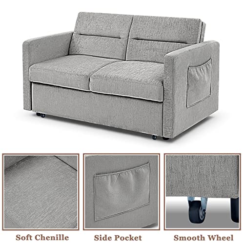 3 in 1 Convertible Sleeper Sofa Bed, Antetek Modern Chenille Loveseat Sleeper Sofa Couch w/Pull-Out Bed, Small Love seat Sofa Bed w/Reclining Backrest & Side Pocket for Living Room, Silver Grey, 54.5"