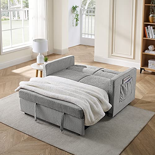 3 in 1 Convertible Sleeper Sofa Bed, Antetek Modern Chenille Loveseat Sleeper Sofa Couch w/Pull-Out Bed, Small Love seat Sofa Bed w/Reclining Backrest & Side Pocket for Living Room, Silver Grey, 54.5"