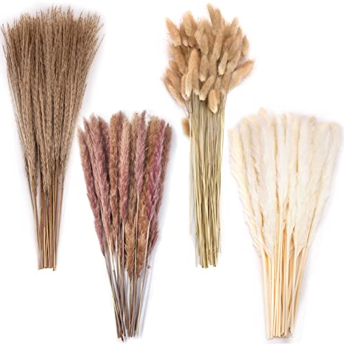 DomeStar 130PCS Pampas Grass Decor,Dried Pampas Grass Contains White and Natural Bunny Tail Grass Reed Boho Bouquet Decor for Wedding Party Home Table Vase Rustic Farmhouse Decor（18 inch）