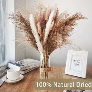 DomeStar 130PCS Pampas Grass Decor,Dried Pampas Grass Contains White and Natural Bunny Tail Grass Reed Boho Bouquet Decor for Wedding Party Home Table Vase Rustic Farmhouse Decor（18 inch）