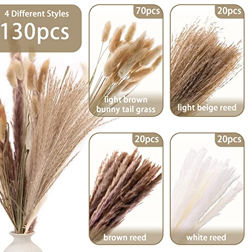 DomeStar 130PCS Pampas Grass Decor,Dried Pampas Grass Contains White and Natural Bunny Tail Grass Reed Boho Bouquet Decor for Wedding Party Home Table Vase Rustic Farmhouse Decor（18 inch）