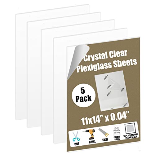 11x14 Plexiglass Quality PET Sheet Panels 5 Pack - 11x14" x .04" - Lightweight Shatterproof Alternative to Glass - for Picture Frame, DIY Projects, Signs, Sneeze Guards, Railing Guards, Pet Barriers