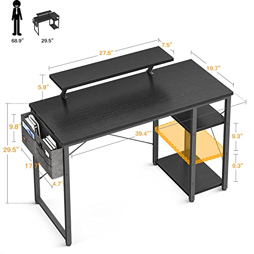 ODK 39 Inch Computer Desk with Monitor Stand and Reversible 2-Tier Storage Shelves, Home Office Desks, Work Study PC Office Desk for Small Spaces, Black Desk with Shelves