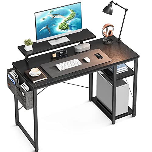 ODK 39 Inch Computer Desk with Monitor Stand and Reversible 2-Tier Storage Shelves, Home Office Desks, Work Study PC Office Desk for Small Spaces, Black Desk with Shelves