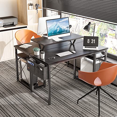 ODK 39 Inch Computer Desk with Monitor Stand and Reversible 2-Tier Storage Shelves, Home Office Desks, Work Study PC Office Desk for Small Spaces, Black Desk with Shelves