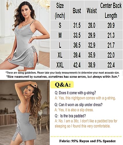 Avidlove Women Sexy Nightgown Chemise Night Gown Lace Nighty Modal Slip Lingerie Lace Sleepwear(Grey,XXL,With G-string)