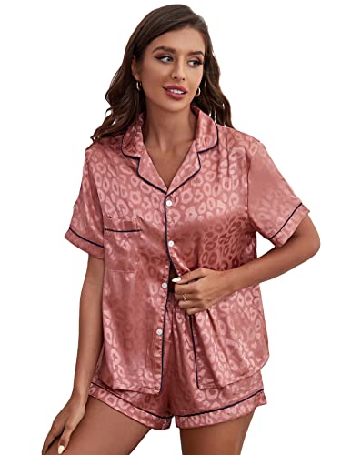 Floerns Women's Notch Collar Leopard Print Sleepwear Two Piece Pajama Set Pink Leopard S