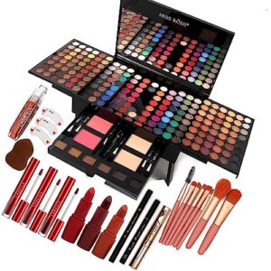 unifull 190 colors makeup pallet,professional makeup kit for women full kit,all in one makeup sets for women&beginner,include eyeshadow,lipstick,compact powder,eyeliner,glitter powder,concealer,makeup brush（004-black）