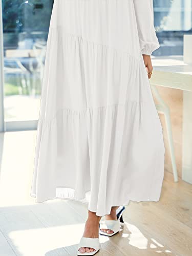 ANRABESS Women’s Boho Casual Loose Puff Long Sleeve Crewneck Asymmetric Tiered Beach Maxi Long Dress 596bai-S White