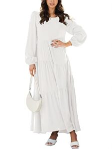 anrabess women’s boho casual loose puff long sleeve crewneck asymmetric tiered beach maxi long dress 596bai-s white