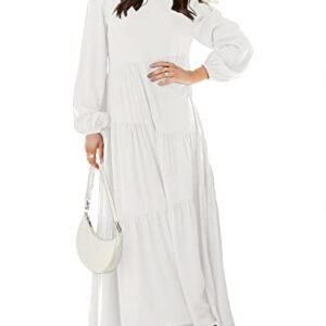 ANRABESS Women’s Boho Casual Loose Puff Long Sleeve Crewneck Asymmetric Tiered Beach Maxi Long Dress 596bai-S White