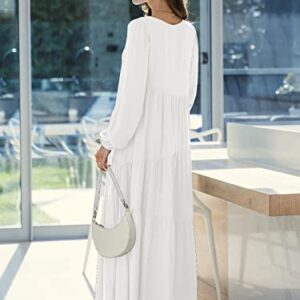 ANRABESS Women’s Boho Casual Loose Puff Long Sleeve Crewneck Asymmetric Tiered Beach Maxi Long Dress 596bai-S White