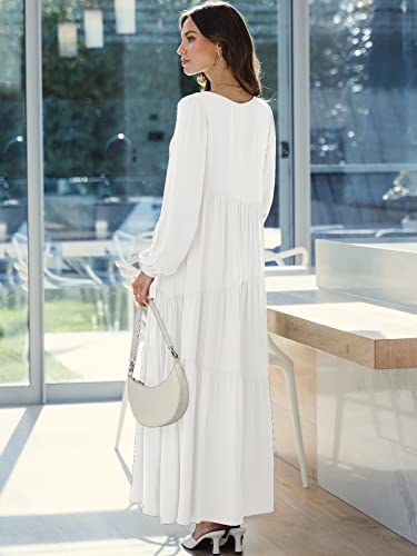 ANRABESS Women’s Boho Casual Loose Puff Long Sleeve Crewneck Asymmetric Tiered Beach Maxi Long Dress 596bai-S White