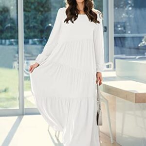 ANRABESS Women’s Boho Casual Loose Puff Long Sleeve Crewneck Asymmetric Tiered Beach Maxi Long Dress 596bai-S White