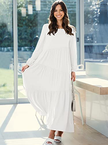 ANRABESS Women’s Boho Casual Loose Puff Long Sleeve Crewneck Asymmetric Tiered Beach Maxi Long Dress 596bai-S White