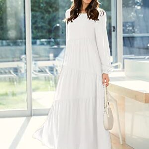 ANRABESS Women’s Boho Casual Loose Puff Long Sleeve Crewneck Asymmetric Tiered Beach Maxi Long Dress 596bai-S White