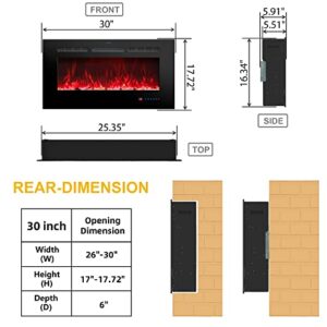 Rodalflame 30 Inches Electric Fireplace Inserts, Recessed and Wall Mounted Fireplace Heater for Indoor Use with Remote Control, 13 Color Flames with Log &Crystal, 9H Timer, 750/1500W