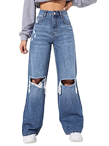 SweatyRocks Women's High Waisted Wide Leg Jeans Casual Loose Ripped Denim Pants Medium Wash S