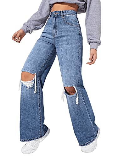 SweatyRocks Women's High Waisted Wide Leg Jeans Casual Loose Ripped Denim Pants Medium Wash S