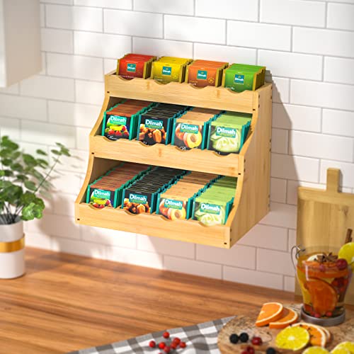 Bamboo Tea Bag Organizer, 3 Tier Vertical Tea Organizer, Tea Holder for Kitchen Island, Coffee Shop Or Office, Tea Storage with 12 Adjustable Partitions (Self-Assembly)