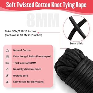 Soft Cotton Rope, 32 feet / 10m Rope, 8mm Thick, Soft Rope, Soft Tying Rope Multi-Purpose Washable Strong Multifunctional Rope Long Strap - (3Black)