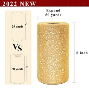 Glitter Tulle Rolls 6 Inch by 50 Yards Sequin Tulle Fabric Ribbon for DIY Tutu Skirt Sewing Bow Wedding Decorations Craft Supplies (Antique Gold)