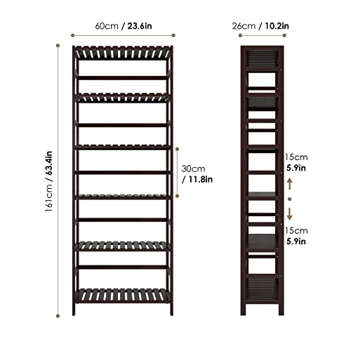 FOTOSOK 6-Tier Bamboo Shelf, Bamboo Bookcase with Adjustable Shelves, Free Standing Storage Shelf Unit, Plant Flower Stand for Kitchen, Bathroom, Home Office, Vintage