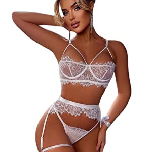 WDIRARA Women's Sexy Floral Lace Cut Out Underwire Garter Belt Bra and Panty Lingerie Set with Leg Rings White M