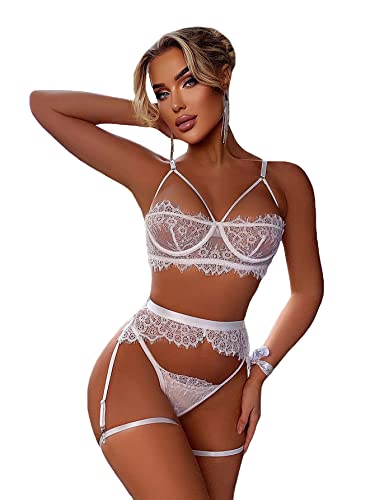 WDIRARA Women's Sexy Floral Lace Cut Out Underwire Garter Belt Bra and Panty Lingerie Set with Leg Rings White M