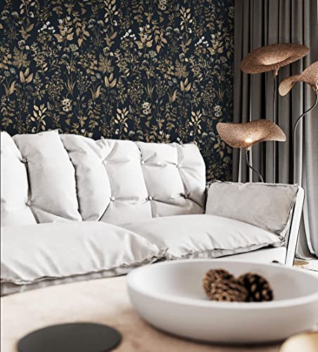 Dimoon 78.7"x16.1" Delicate Floral Peel and Stick Wallpaper Black Golden Thicken Waterproof Leaf Vintage Flower Contact Paper Self Adhesive Wallpaper Removable Wall Paper Shelf Liner Decal Vinyl Roll