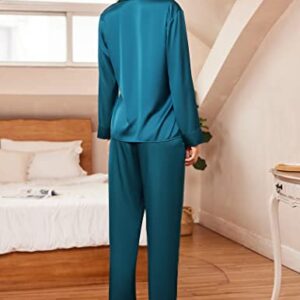 Ekouaer Silk Pajamas for Women Long Pants Loose Fit Nightwear Button-up Long Sleeve Plus Size Pj Sets Peacock Blue XX-Large