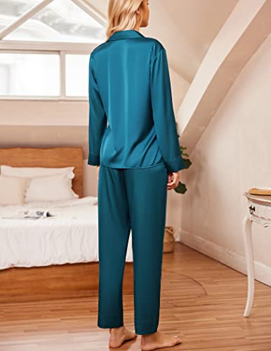 Ekouaer Silk Pajamas for Women Long Pants Loose Fit Nightwear Button-up Long Sleeve Plus Size Pj Sets Peacock Blue XX-Large