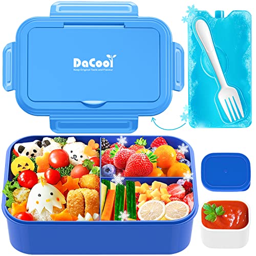 DaCool Kids Bento Box with Ice Pack Chill Kids Lunch Box 9.4 CUP Cold Toddler Bento Lunch Containers with 3+1 Compartments Fork for Meal Leakproof Microwave & Dishwasher Safe BPA-Free, Blue