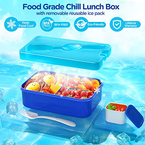 DaCool Kids Bento Box with Ice Pack Chill Kids Lunch Box 9.4 CUP Cold Toddler Bento Lunch Containers with 3+1 Compartments Fork for Meal Leakproof Microwave & Dishwasher Safe BPA-Free, Blue