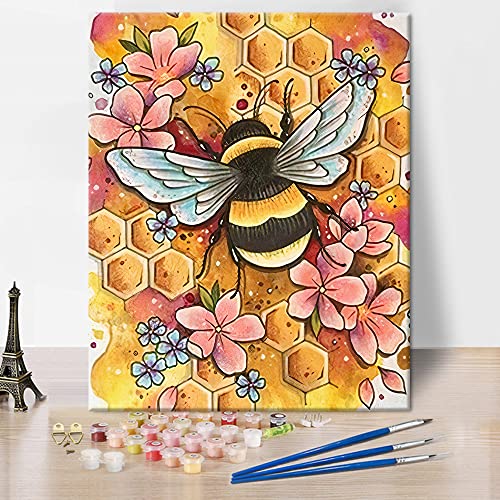 TUMOVO Paint by Numbers, Honeycomb Honey Paint by Numbers, Bee Flower Acrylic Pigment Drawing Paintwor, DIY Canvas Oil Painting Paint by Number, Bees for Adults Kids Beginners Enthusiasts 16x20inch