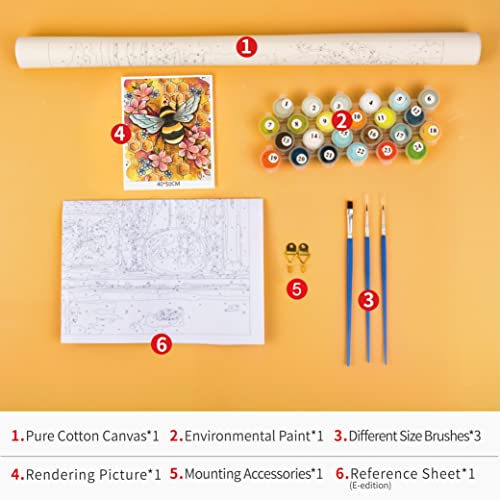 TUMOVO Paint by Numbers, Honeycomb Honey Paint by Numbers, Bee Flower Acrylic Pigment Drawing Paintwor, DIY Canvas Oil Painting Paint by Number, Bees for Adults Kids Beginners Enthusiasts 16x20inch