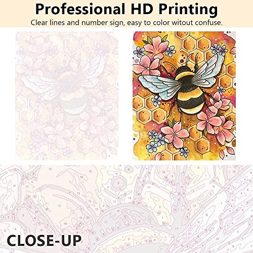 TUMOVO Paint by Numbers, Honeycomb Honey Paint by Numbers, Bee Flower Acrylic Pigment Drawing Paintwor, DIY Canvas Oil Painting Paint by Number, Bees for Adults Kids Beginners Enthusiasts 16x20inch