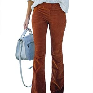 Sidefeel Women Corduroy Flare Pants Elastic Waist Bell Bottom Trousers Small Brown