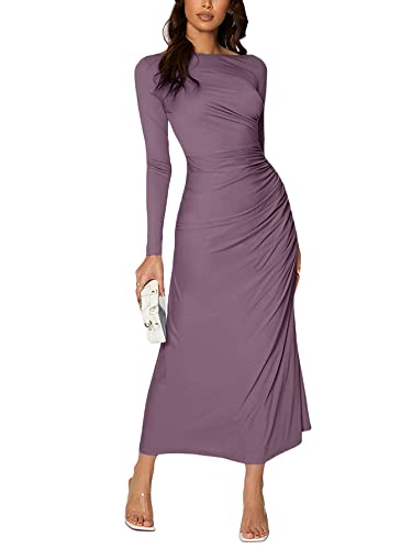 Floerns Women's Solid Boat Neck Long Sleeve Ruched Side Party A Line Long Dress Mauve Purple S