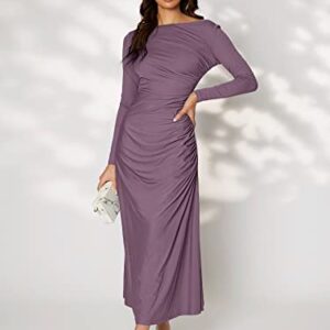 Floerns Women's Solid Boat Neck Long Sleeve Ruched Side Party A Line Long Dress Mauve Purple S