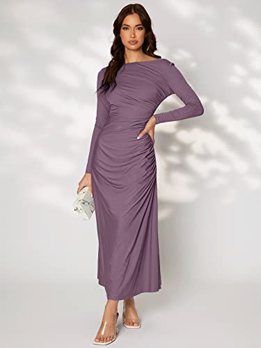 Floerns Women's Solid Boat Neck Long Sleeve Ruched Side Party A Line Long Dress Mauve Purple S