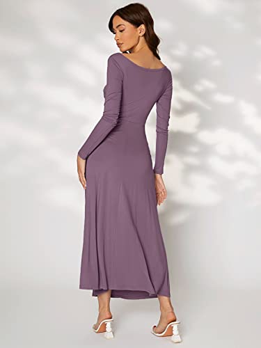 Floerns Women's Solid Boat Neck Long Sleeve Ruched Side Party A Line Long Dress Mauve Purple S