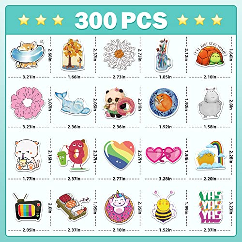 300 Pcs Cute Stickers for Kids, Water Bottle Stickers, Vinyl Aesthetic Stickers, Waterproof Stickers for Laptop Skateboard Scrapbook Animal Kawaii Teacher Computer Hydroflask, Mixed Colorful Sticker Packs for Teens Girls Kids Adults.