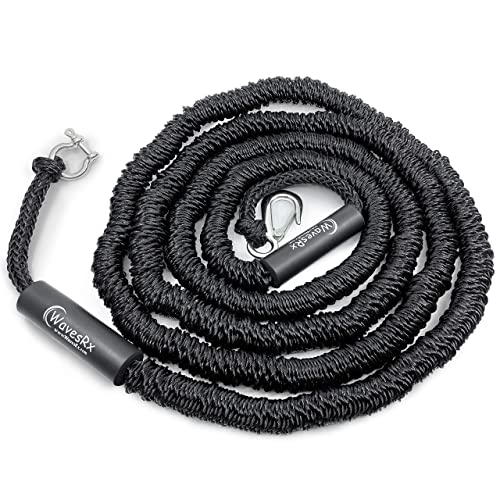 WavesRx 14'-50' AnchorMate Bungee Line | Safer Anchoring for Boats & Pontoons | Elastic Rope Extends to Absorb Wake Tugs and Keep Anchor from Dislocating | Includes Bag, Stainless Steel Hook & D Ring