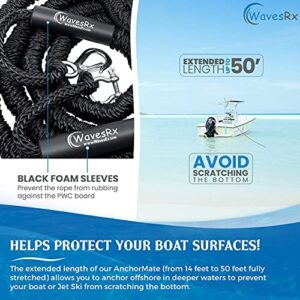 WavesRx 14'-50' AnchorMate Bungee Line | Safer Anchoring for Boats & Pontoons | Elastic Rope Extends to Absorb Wake Tugs and Keep Anchor from Dislocating | Includes Bag, Stainless Steel Hook & D Ring