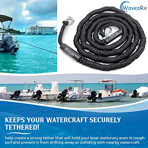 WavesRx 14'-50' AnchorMate Bungee Line | Safer Anchoring for Boats & Pontoons | Elastic Rope Extends to Absorb Wake Tugs and Keep Anchor from Dislocating | Includes Bag, Stainless Steel Hook & D Ring