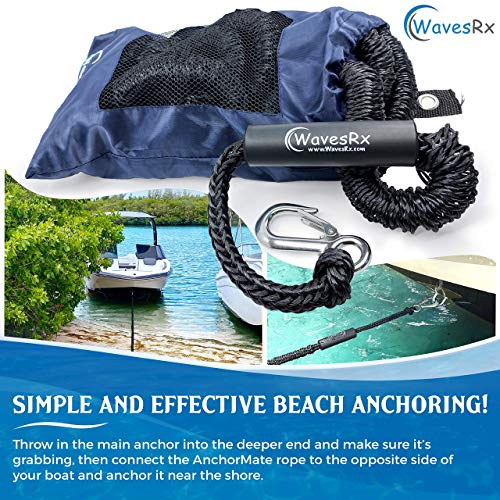 WavesRx 14'-50' AnchorMate Bungee Line | Safer Anchoring for Boats & Pontoons | Elastic Rope Extends to Absorb Wake Tugs and Keep Anchor from Dislocating | Includes Bag, Stainless Steel Hook & D Ring