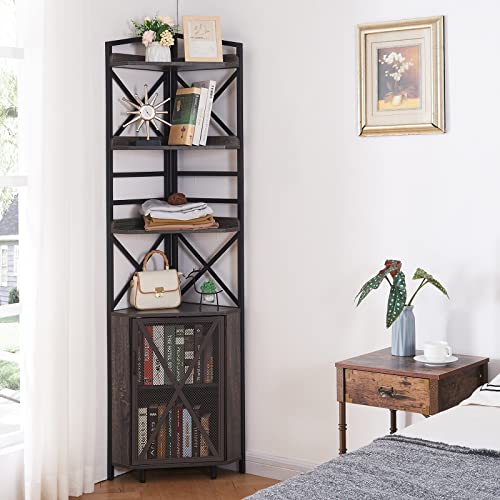 HOMBAZAAR Corner Shelf 5-Tier with Storage,Industrial Corner Bookshelf with Adjustable Board, Rustic Display of Corner Shelf Stand for Living Room, Home Office, Bedroom, Small Space,Grey