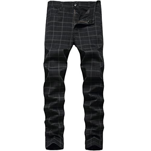 Keevoom Mens Dress Pants Skinny Stretch Black Chinos Casual Business Plaid Pants for Men (3303 Black,34)